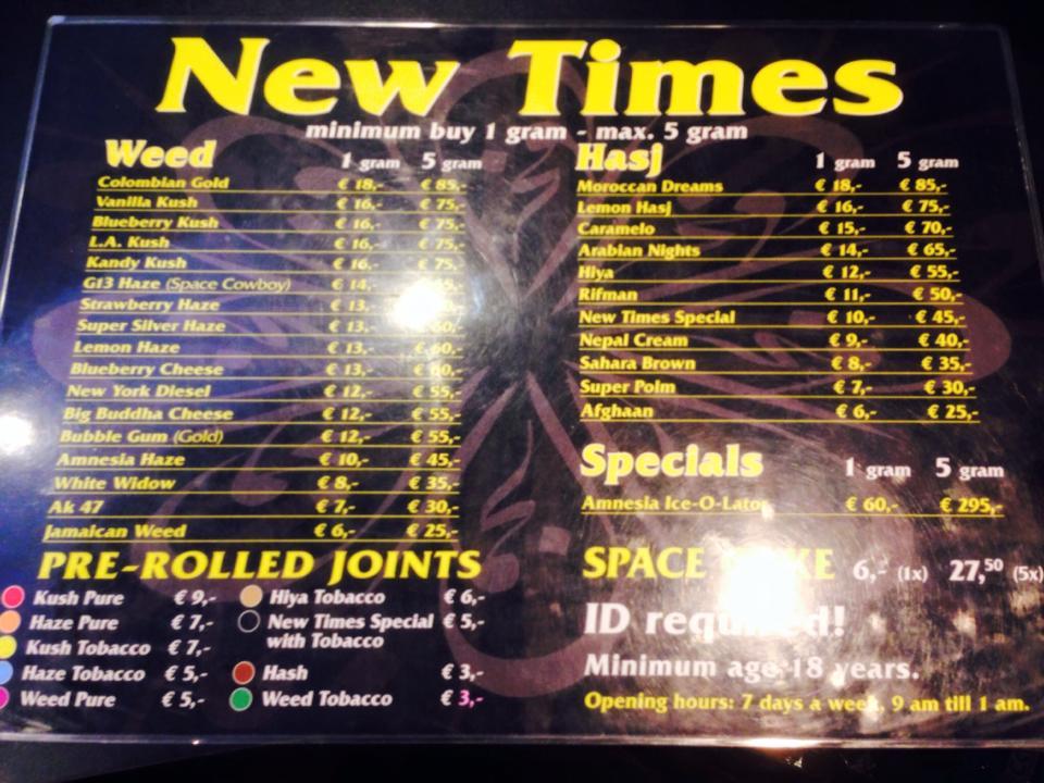 Menu at Coffeeshop New Times, Amsterdam
