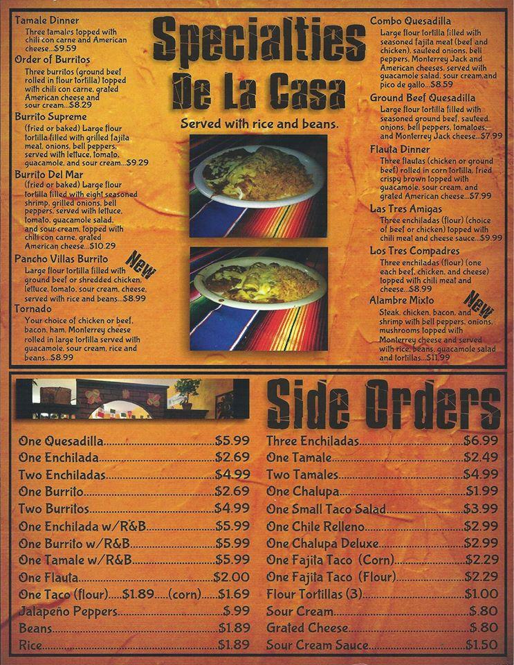 Menu at Medrano's mexican restaurant, Ashdown
