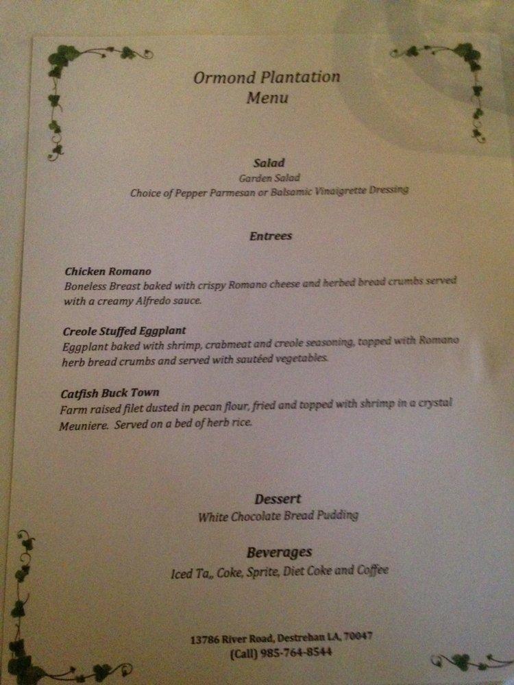Menu at Ormond Manor restaurant, Destrehan