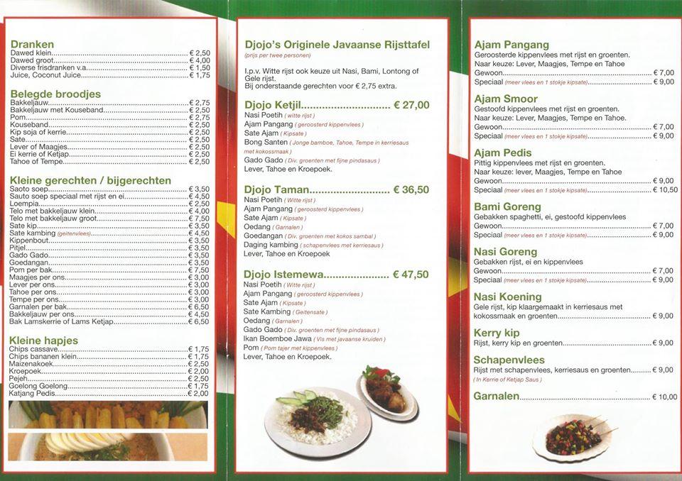 Menu at Surinaams-javaans Eethuis Djojo, The Hague