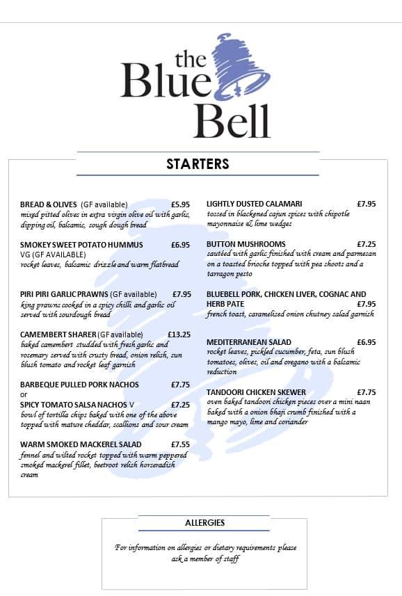 Menu at The Blue Bell Bistro pub & bar, New Quay