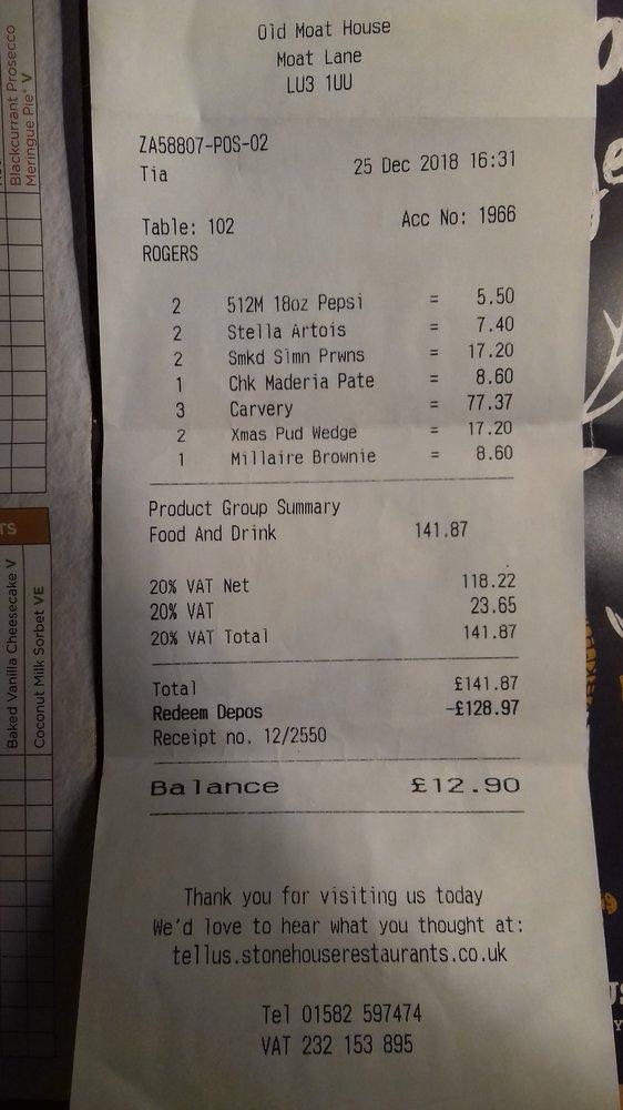 Menu at Old Moat House pub & bar, Luton