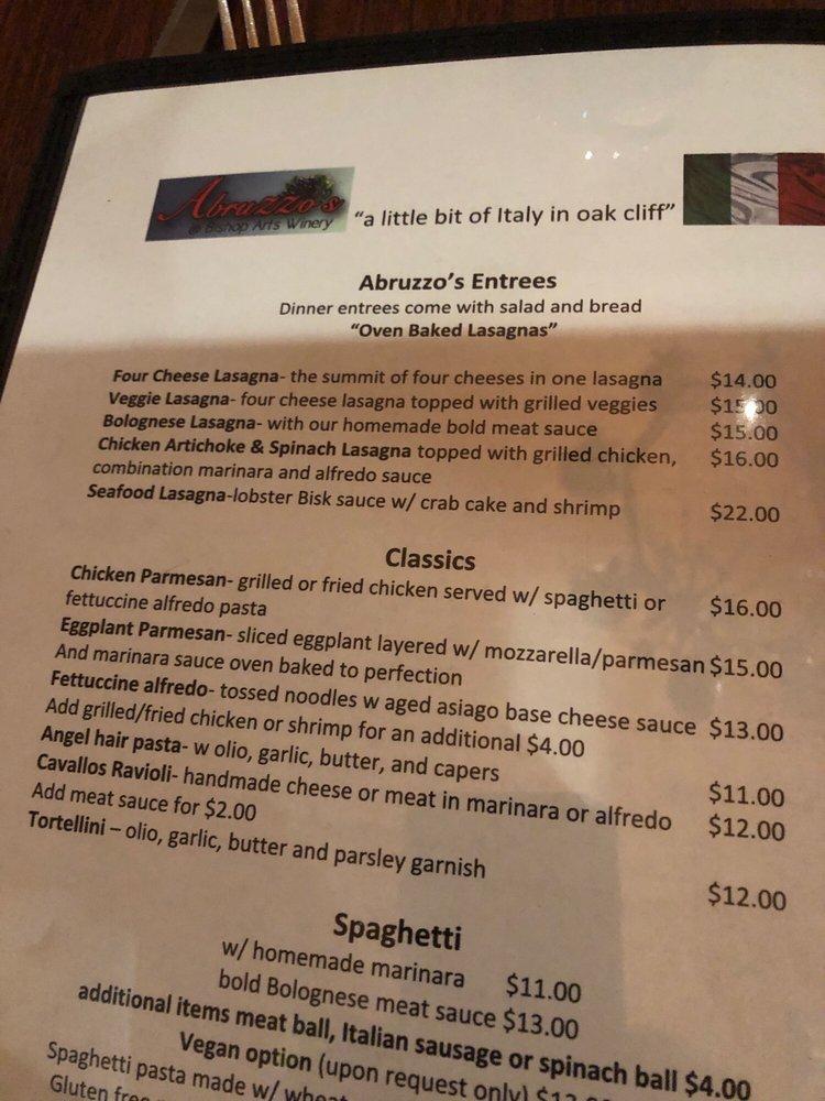 Menu at Abruzzo's restaurant, Dallas