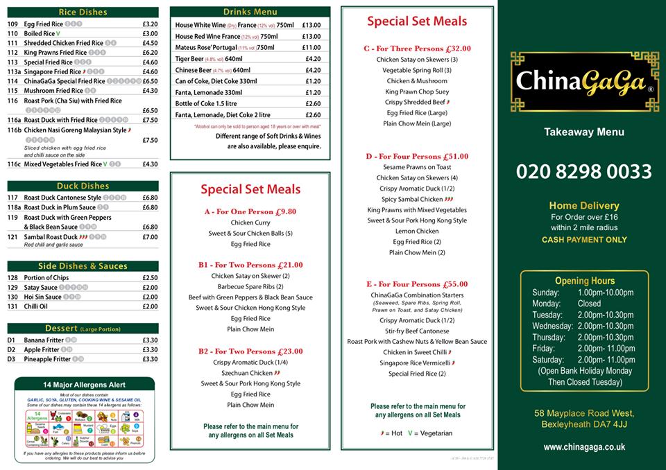 Menu at Chinagaga restaurant, Bexleyheath