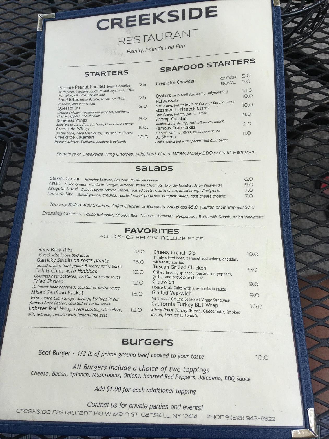 Menu at Creekside pub & bar, Catskill