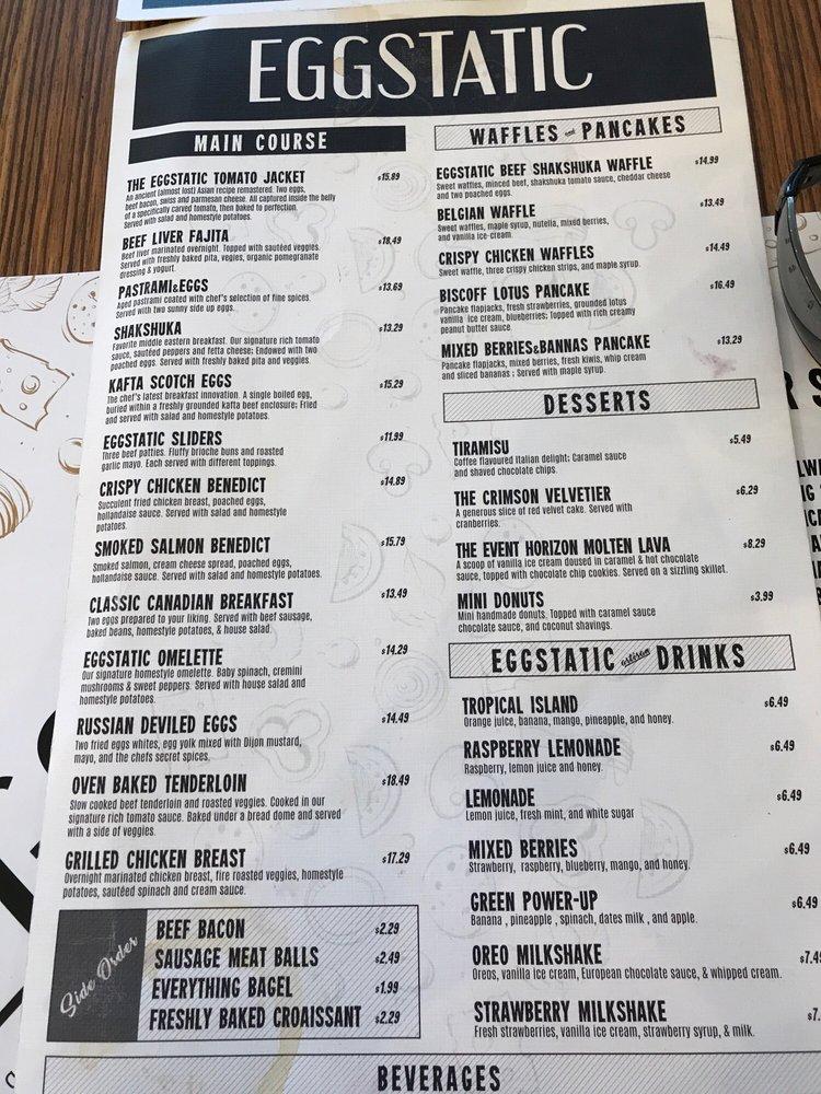 Menu at Eggstatic Toronto restaurant, Toronto
