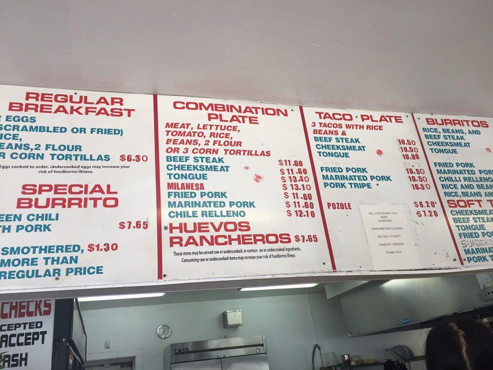 Menu at El Taco De Mexico restaurant, Denver