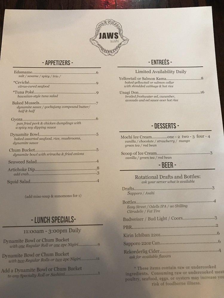 Menu at JAWS sushi restaurant, Fort Collins
