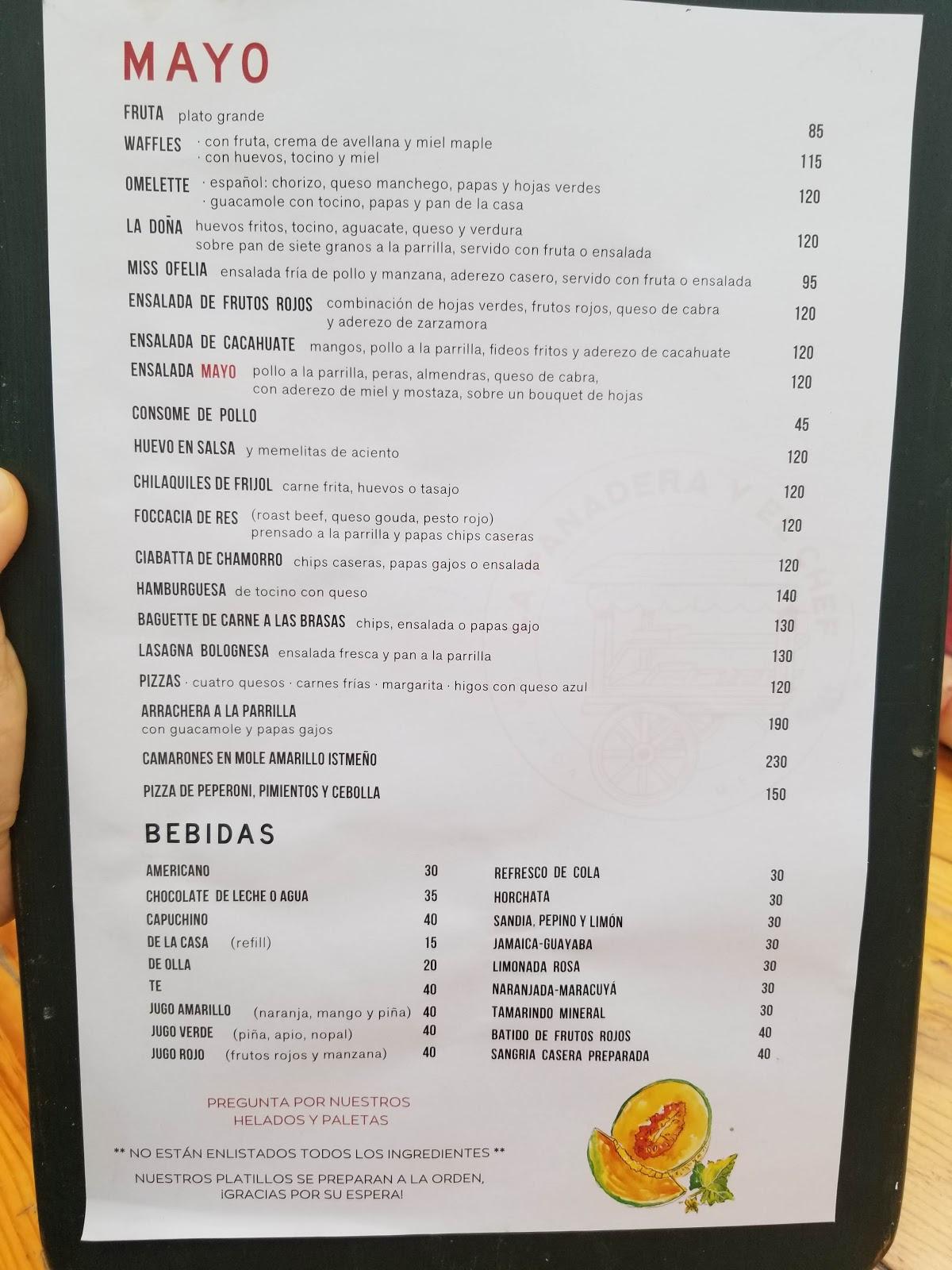 Carta del restaurante La Panadera y el Chef, Oaxaca