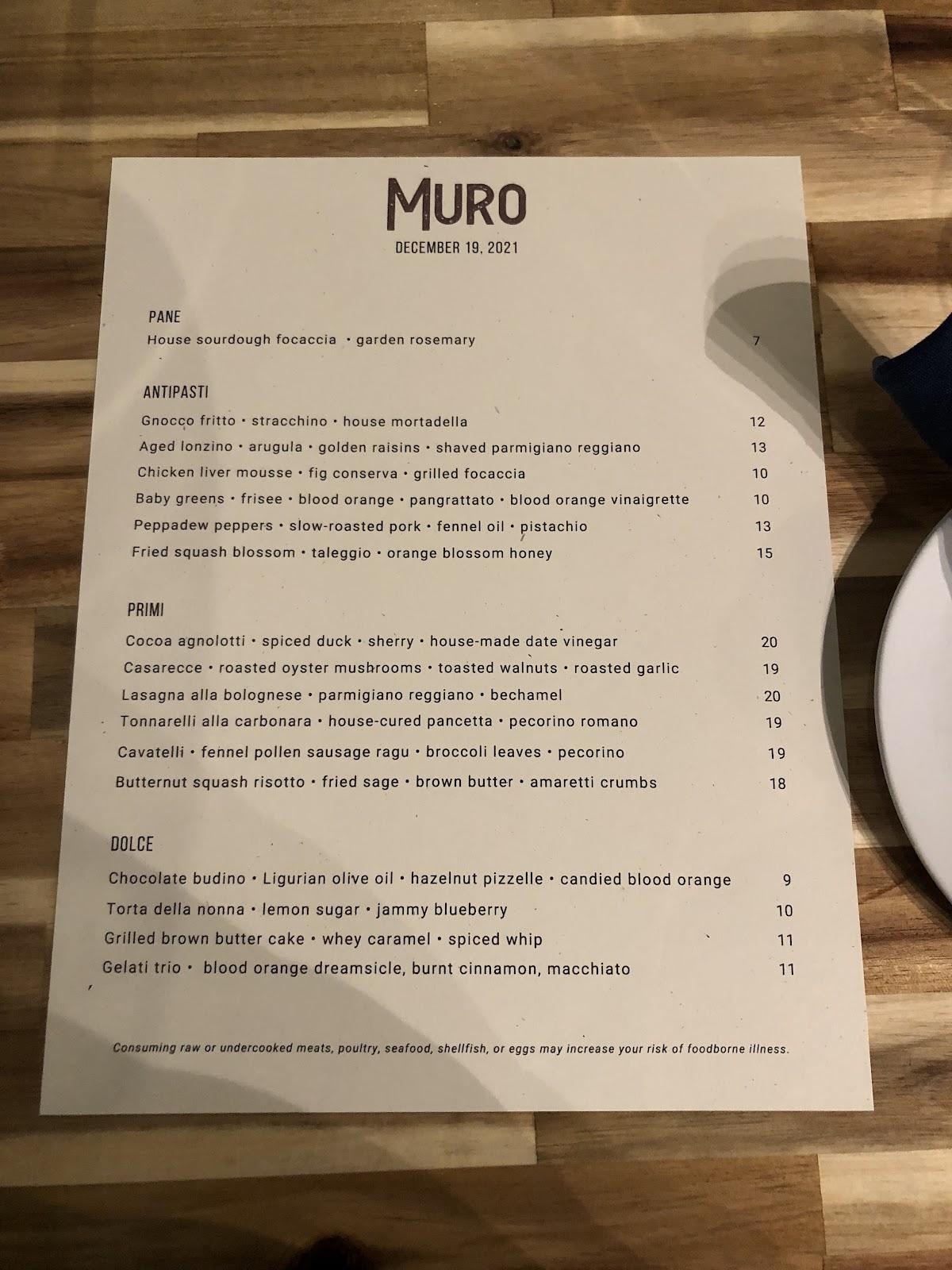 Carta del restaurante Osteria il Muro, Denton