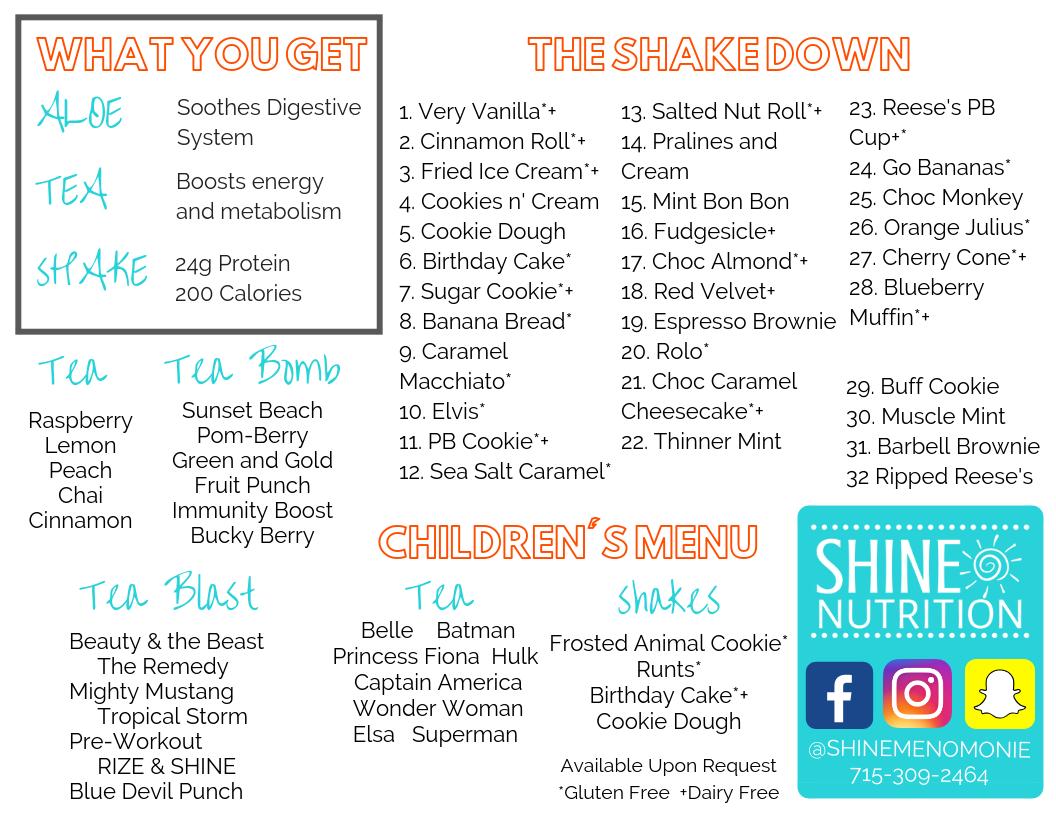 Menu at SHINE Nutrition pub & bar, Menomonie