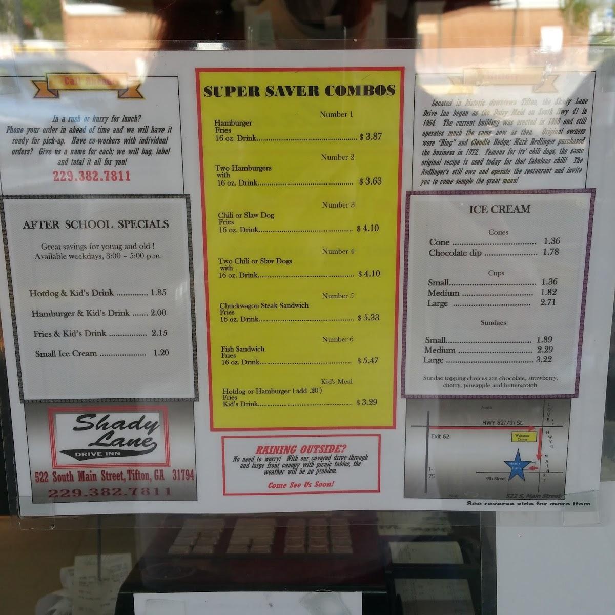 Menu at Shady Lane Drive Inn restaurant, Tifton