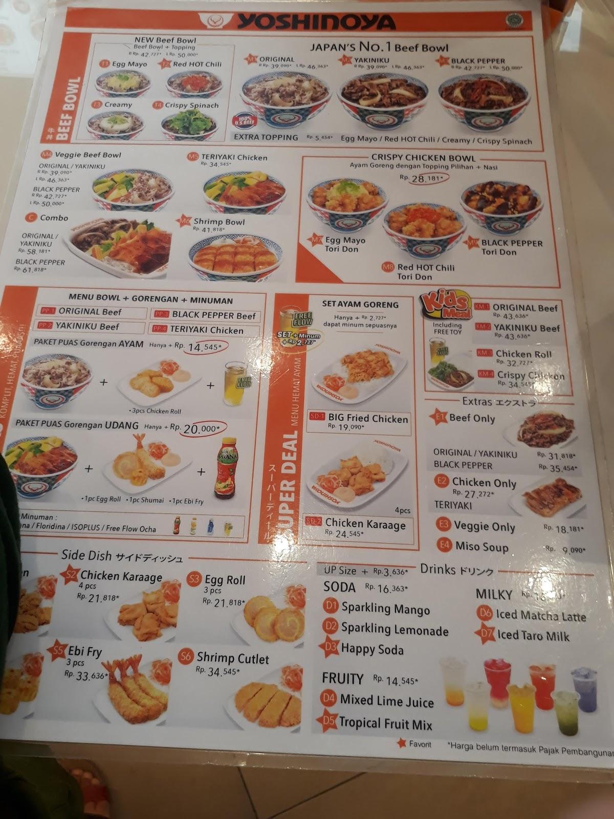 Menu at Yoshinoya Royal Plaza restaurant, Surabaya