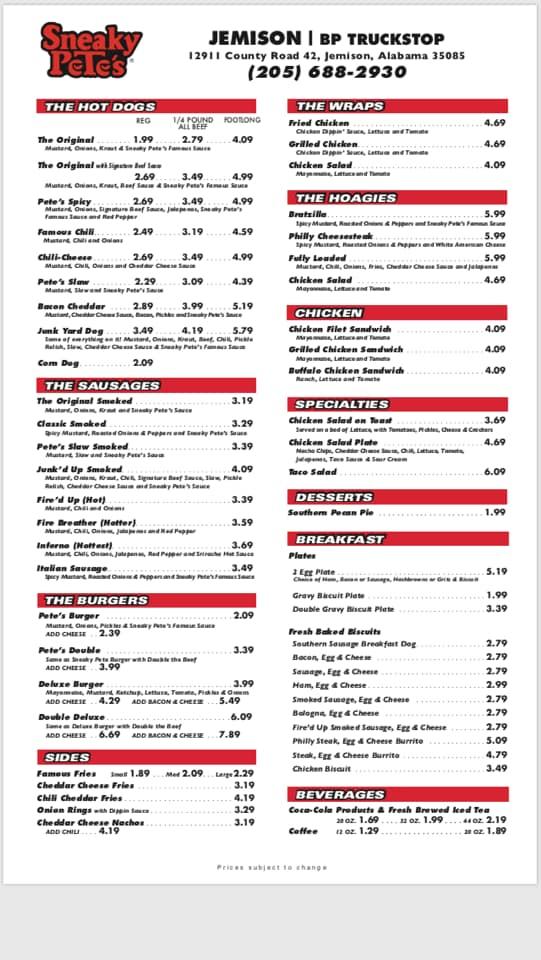 Menu at Sneaky Pete's restaurant, Jemison