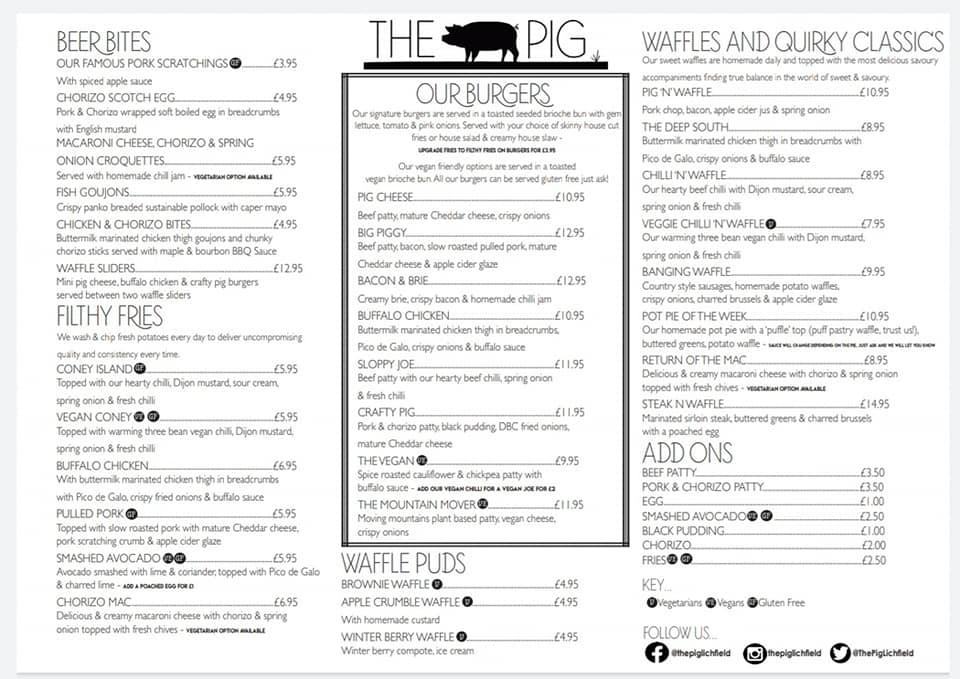 Menu at The Pig Lichfield pub & bar, Lichfield