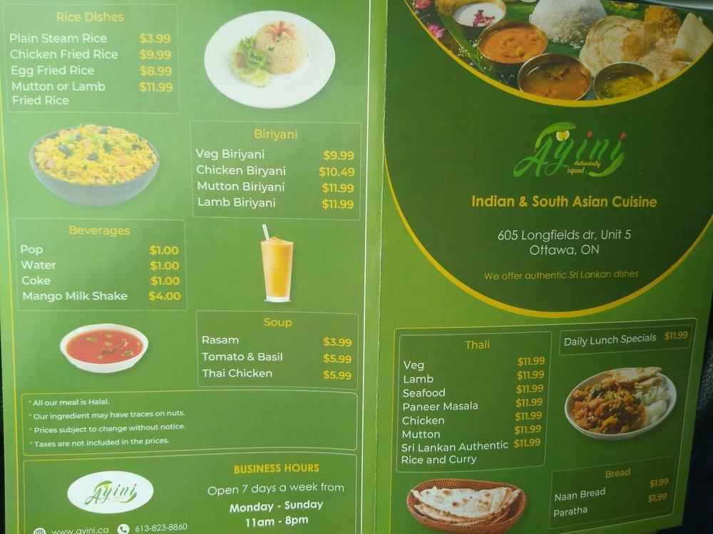 Menu at Ayini Restaurant, Ottawa