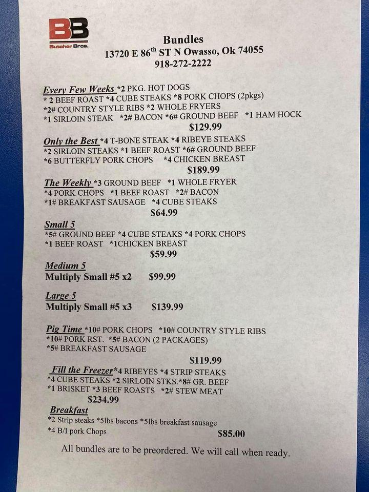 Menu at Butcher Bros restaurant, Owasso
