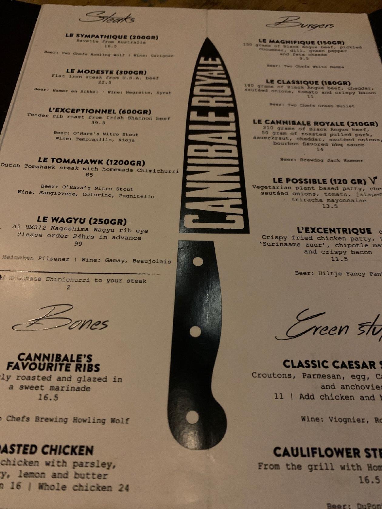 Speisekarte von Cannibale Royale, Amsterdam, Handboogstraat 17a