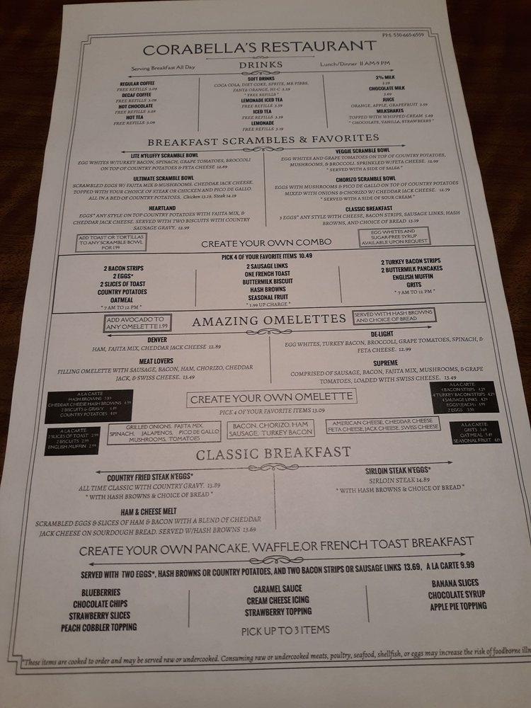 Menu at Corabella's Restaurant, Woodland