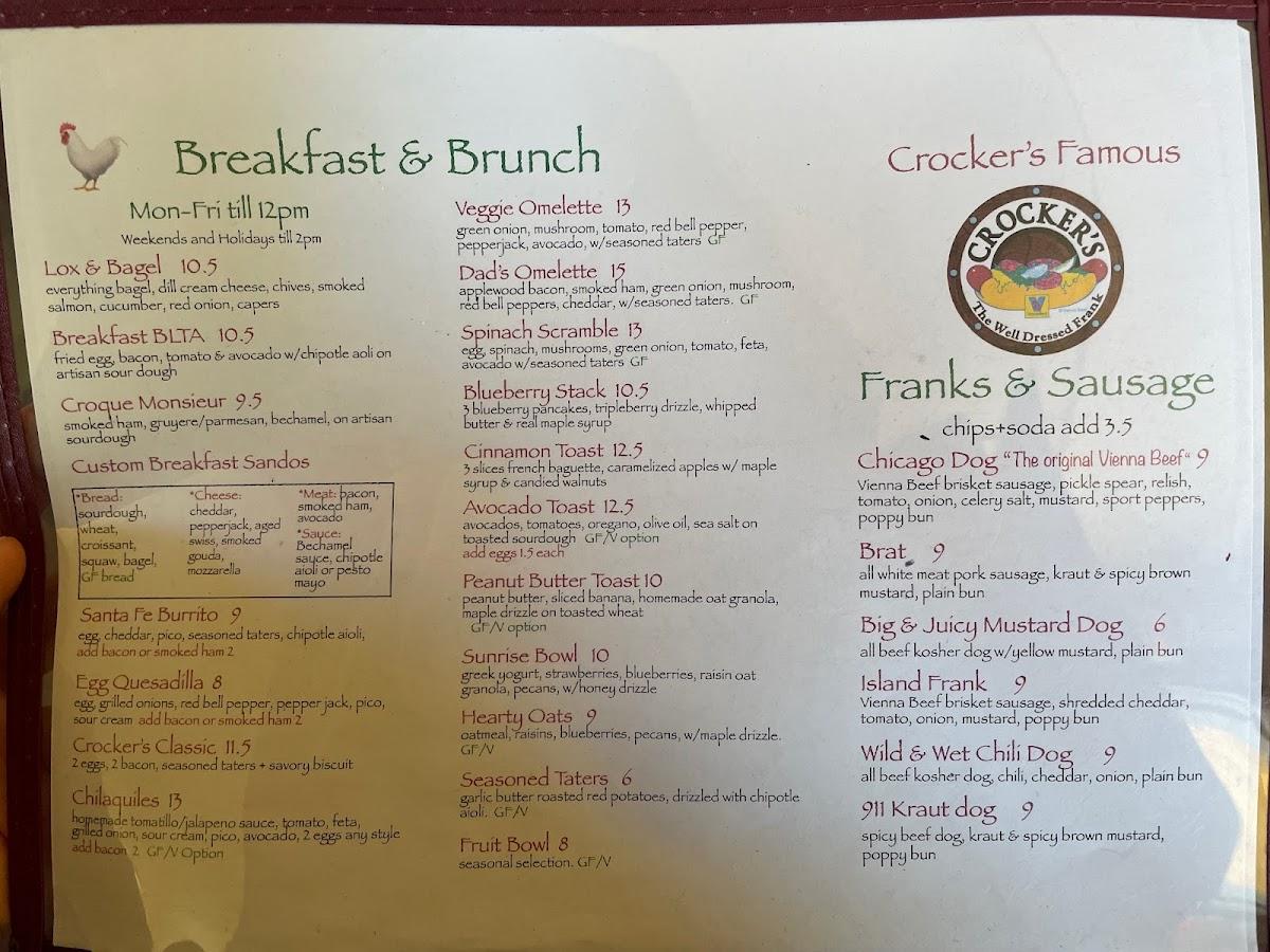 Menu at Crocker’s Cafe & Bakery, Costa Mesa