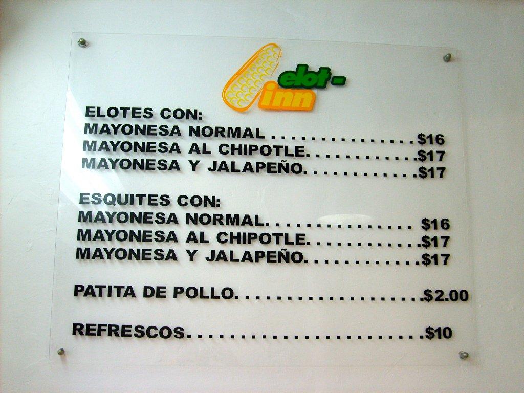 Menu at Elot-inn restaurant, Mexico City