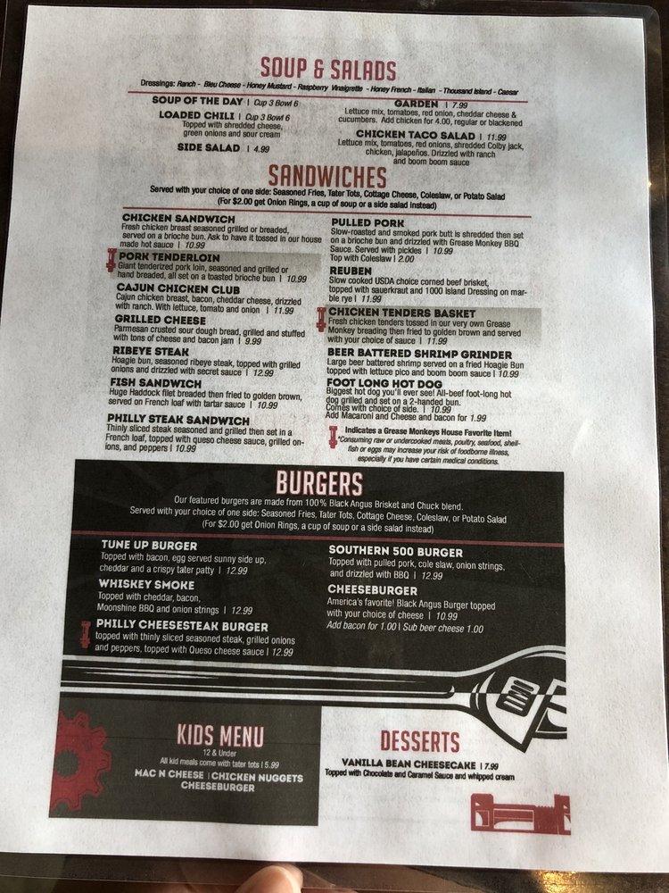 Menu at Grease Monkeys Sports Bar And Grill, Colona