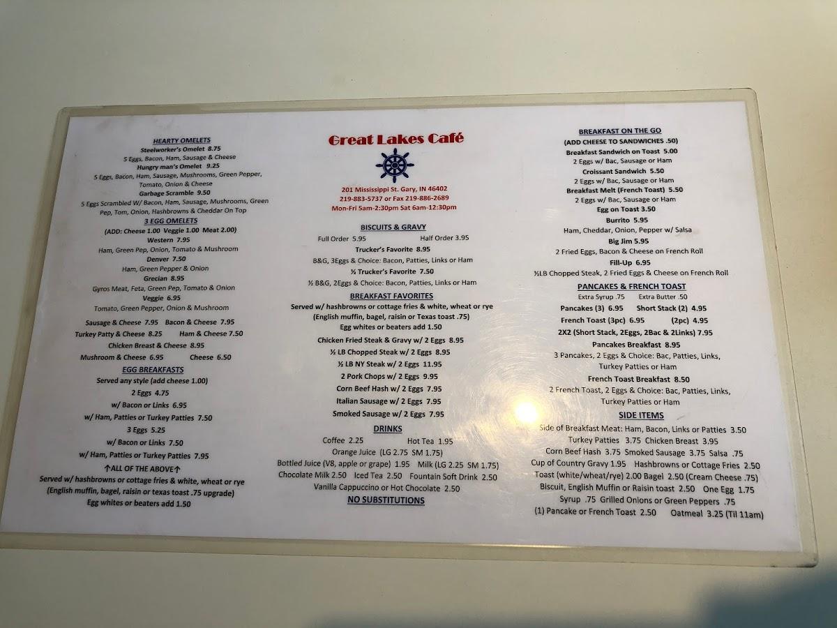 Menu at Great Lakes Cafe, Gary