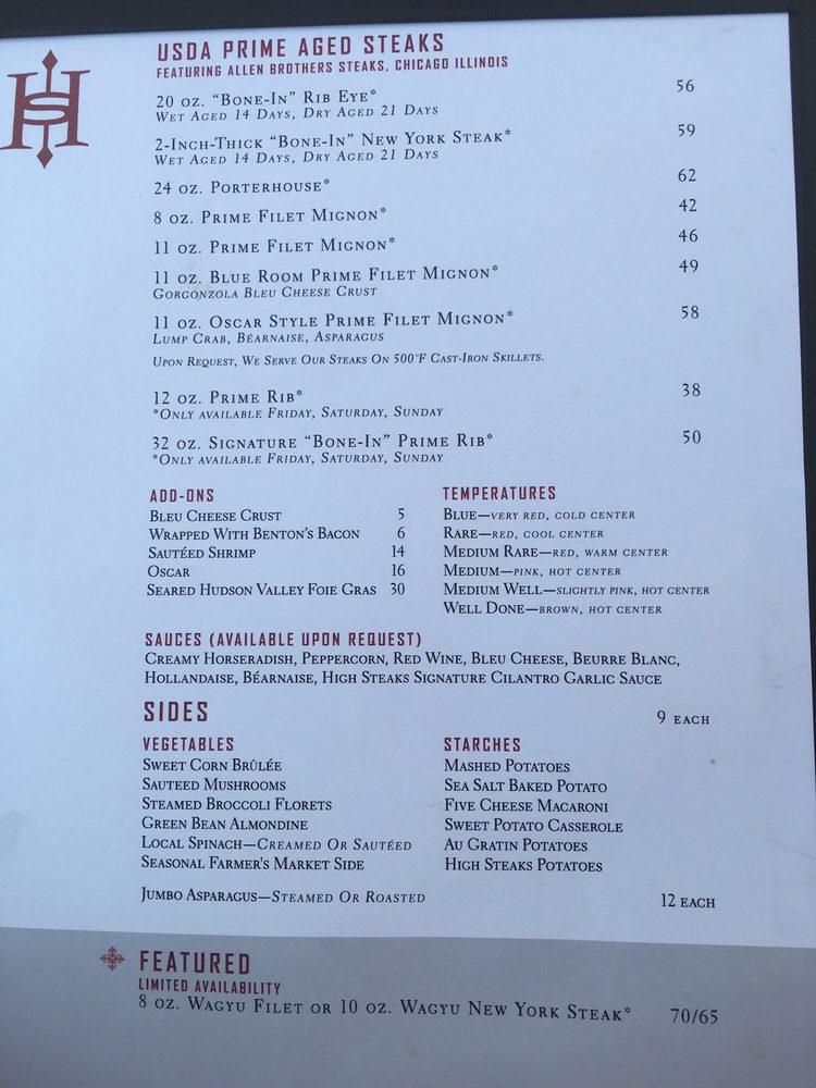 Menu at High Steaks steakhouse, Lincoln