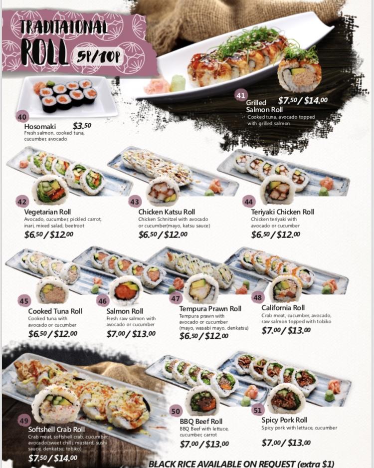 Menu at Itsumo Sushi restaurant, Mascot