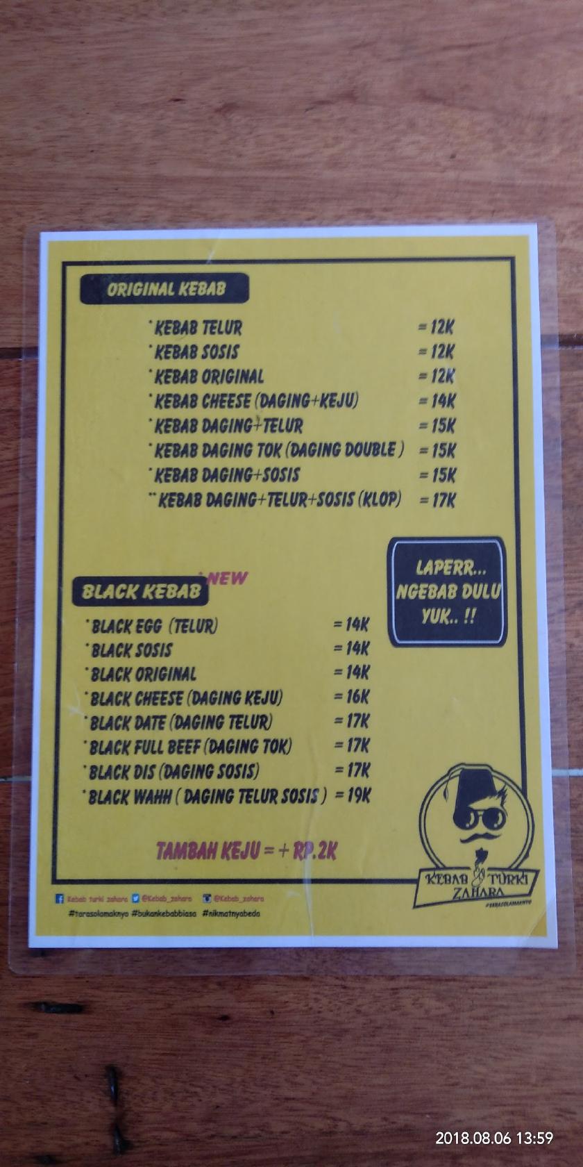 Menu at Kebab Turki Zahara - Purwodadi restaurant, Pekanbaru