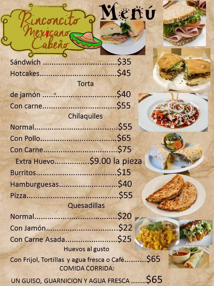 Menu at Rinconcito Mexicano Cabeño restaurant, Cabo San Lucas