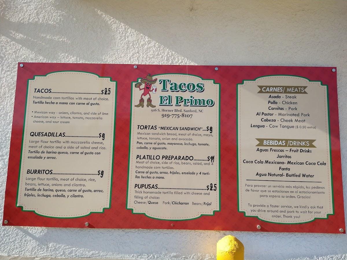 Menu at Tacos El Primo, Inc restaurant, Sanford