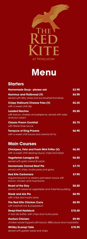 Menu at The Red Kite restaurant, Blaydon