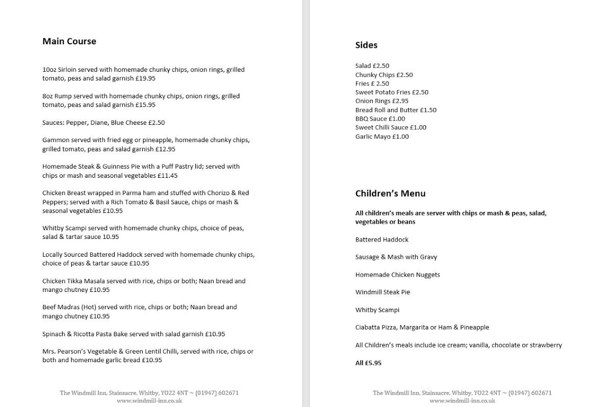 Menu at The Windmill Inn pub & bar, Whitby, Stainsacre Ln