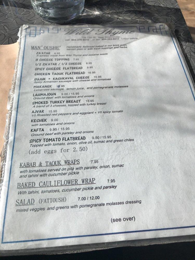 Menu at Wild Thyme restaurant, New Westminster