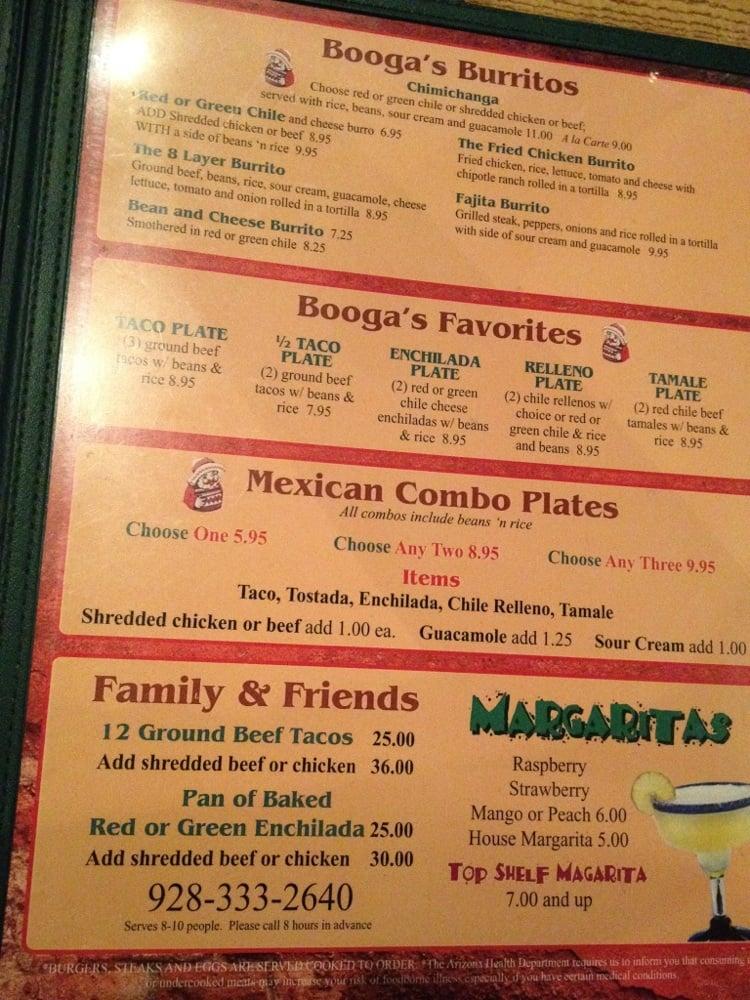Menu at Booga Red's Restaurant, Springerville
