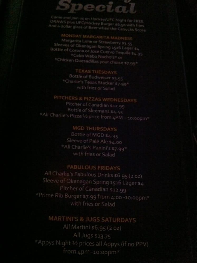 Menu at Charlie Hamiltons Pub, Coquitlam