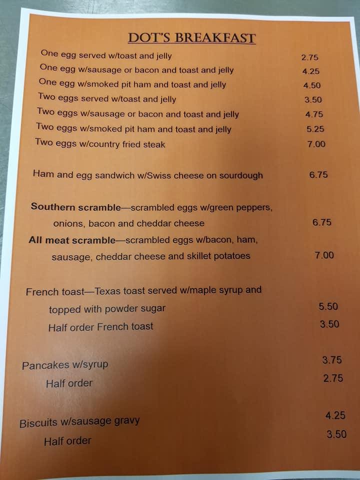 Menu at Dot's cafe, Vincennes