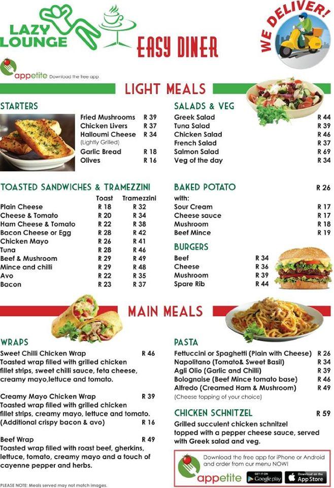 Menu at Lazy Lounge Diner cafe, Benoni