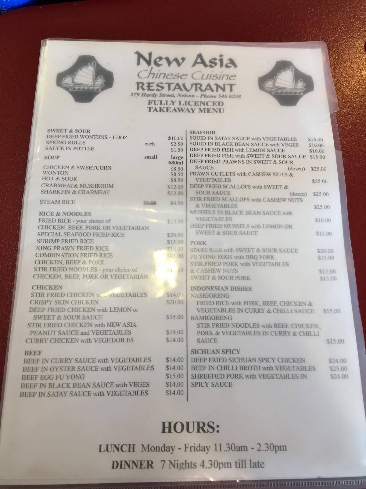 Menu at New Asia Restaurant, Nelson
