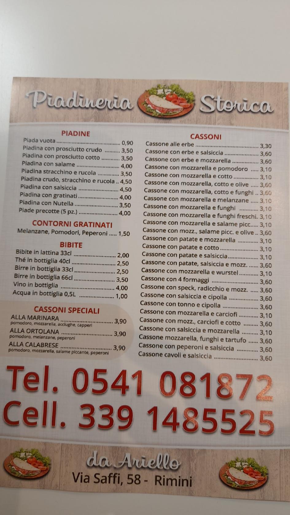 Menu da Piadineria Storica da Ariello ristorante, Rimini