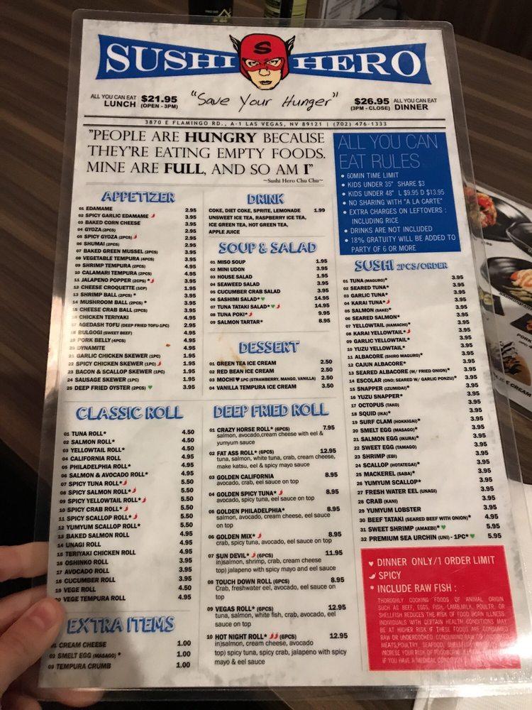 Menu at Sushi Hero restaurant, Las Vegas