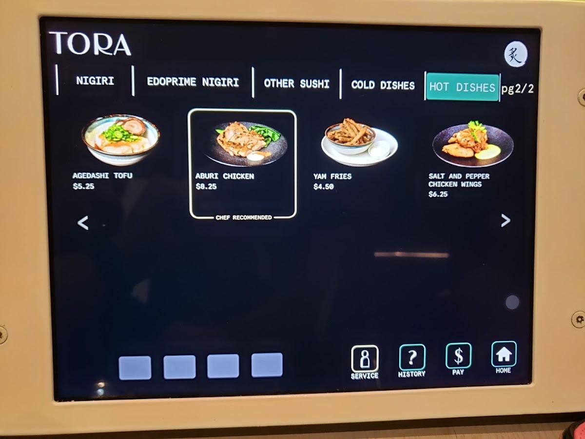 Menu at TORA restaurant, Toronto