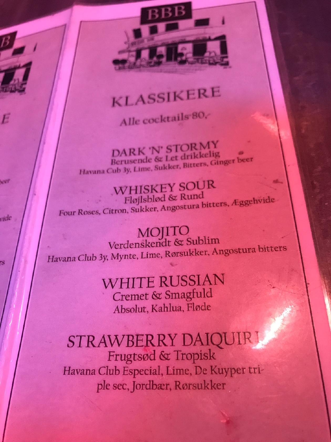 Menu at Barbar Bar, Copenhagen