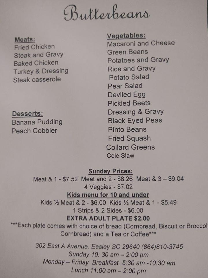 Menu at Butterbeans Restaurant, Easley