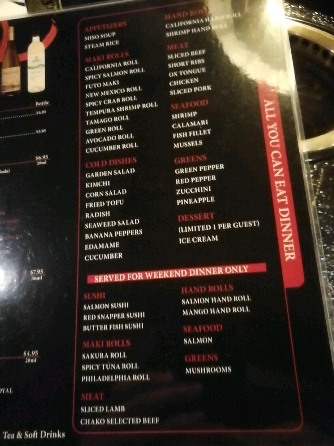 Menu at Chako restaurant, Aurora, 115 First Commerce Dr