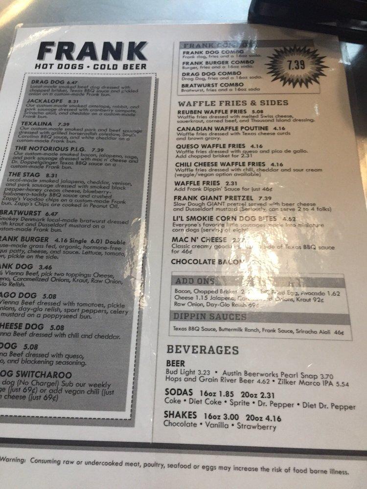 Menu at Frank Drag pub & bar, Austin