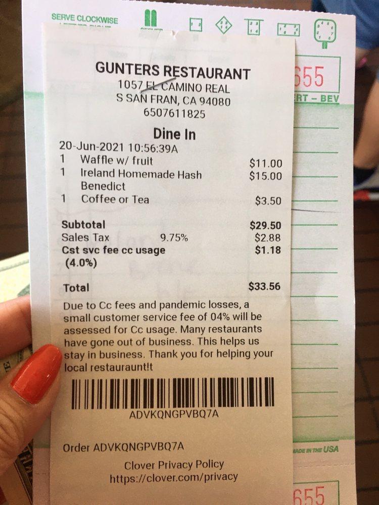 Menu at Gunter's Restaurant, South San Francisco