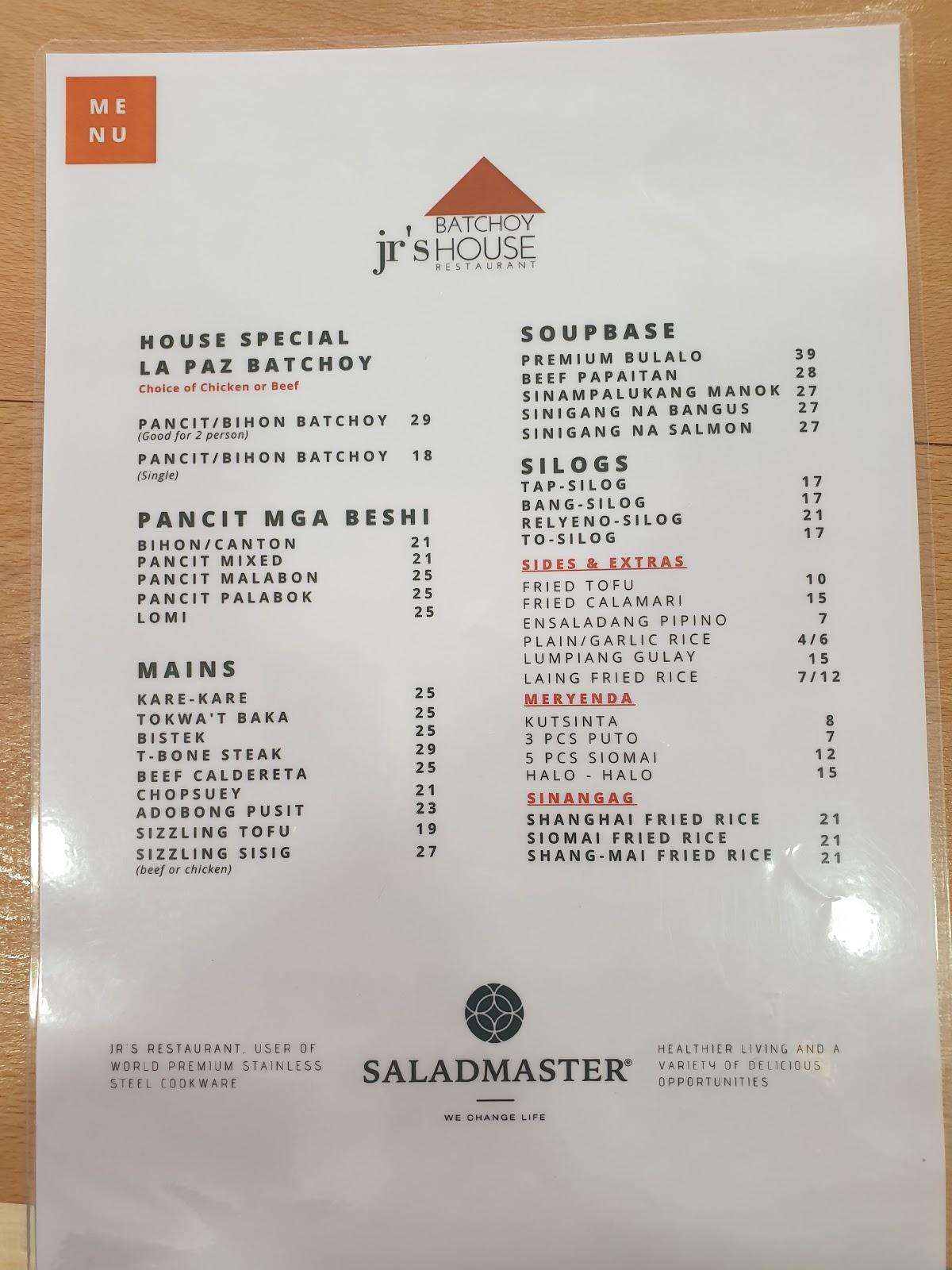 Menu at JR's Restaurant "House of Special La Paz Batchoy" - A Certified ...