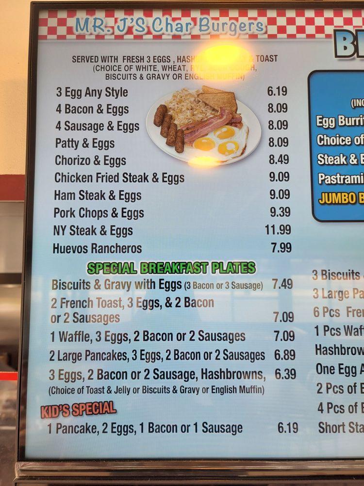 Menu at Mr. J's Char Burgers restaurant, Fontana